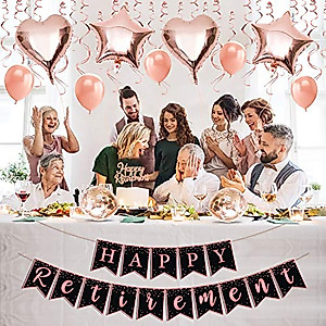 Retirement Party Decorations for Women Rose Gold Happy Retirement Banner Cake Topper Officially Retired Sash Rose Gold Confetti Balloons Foil Swirls Decorations Ideal for Women Retirement Party Supplies