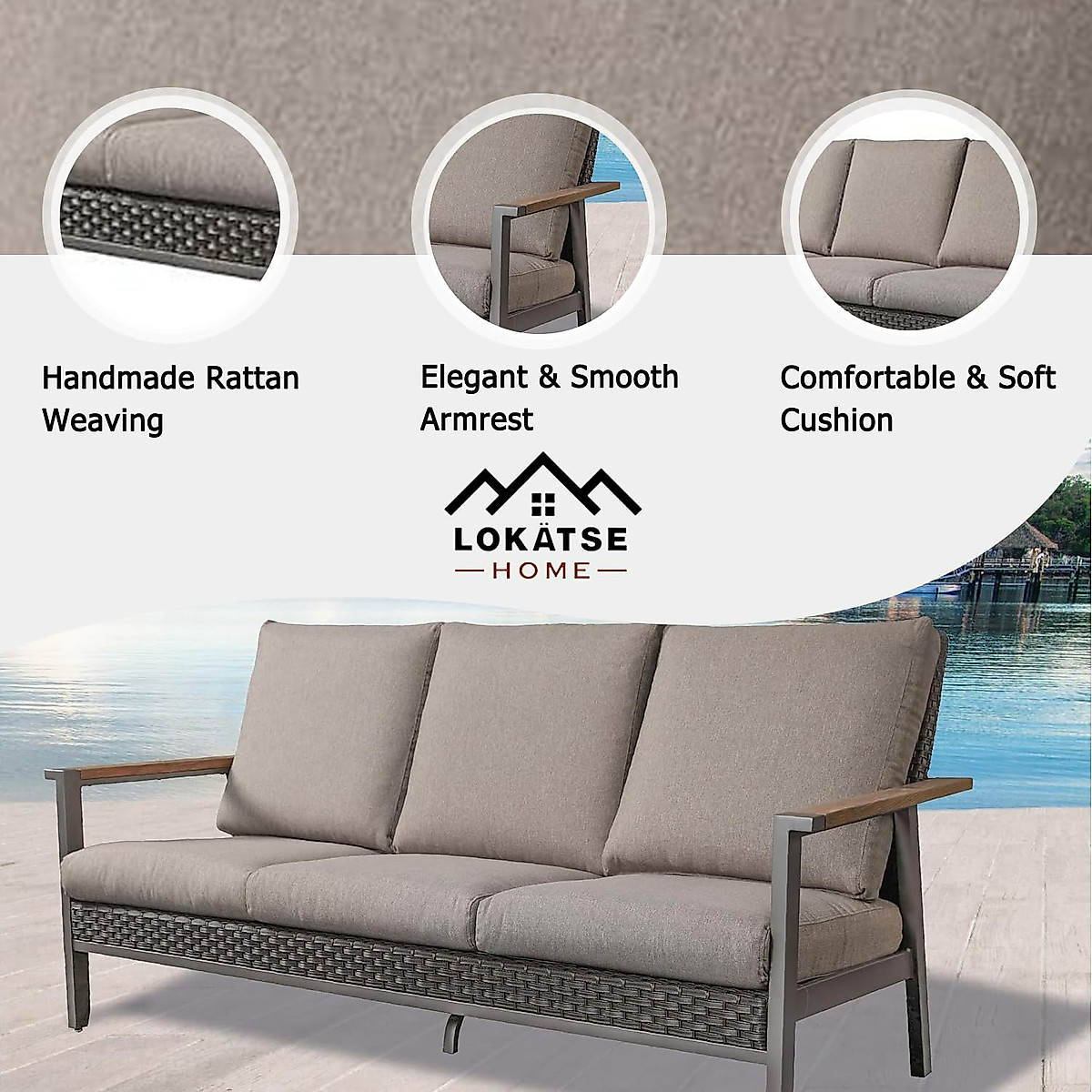 LOKATSE HOME Outdoor Wicker 3-Seat Couch Loveseat Patio Rattan Furniture Bench with Removable Thick Beige Cushions Steel Frame for Garden, Yard, Porch, Gray