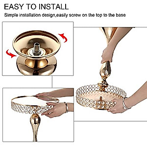 BSTKEY 12 Inch Wedding Metal Cake Display Stand with Mirror Top Plate, Gold Cupcake Stand with Crystal Beads Decor Pedestal, Dessert Stand for Parties Birthday Baking Party Supplies Centerpiece, Round