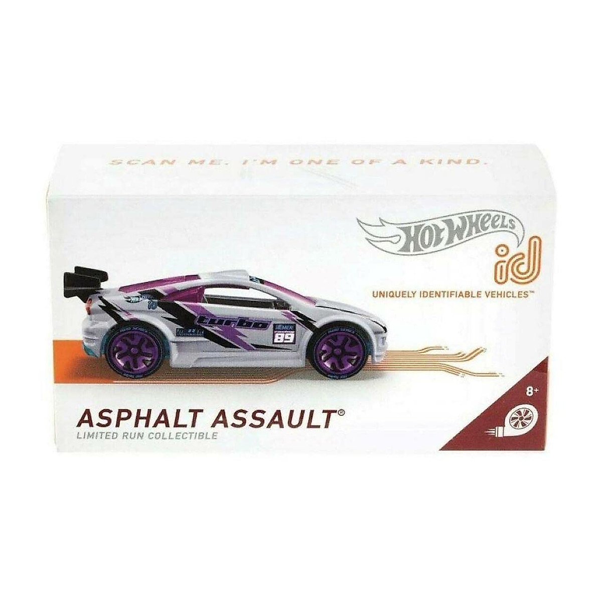 Hot Wheels id Vehicle, 1:64 Scale Asphalt Assault Vehicle with Embedded NFC Chip, Turbo Collection, Physical and Digital Play for Ages 8 Years and Older