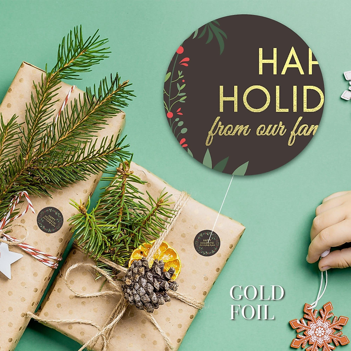 Mobiusea Creation Happy Holidays Stickers | Envelope Seals | 1.4 inch | Gold Foil | Black Wreath Christmas Stickers | Waterproof | 90-Pack for Christmas Gifts, Envelopes, Holiday Cards