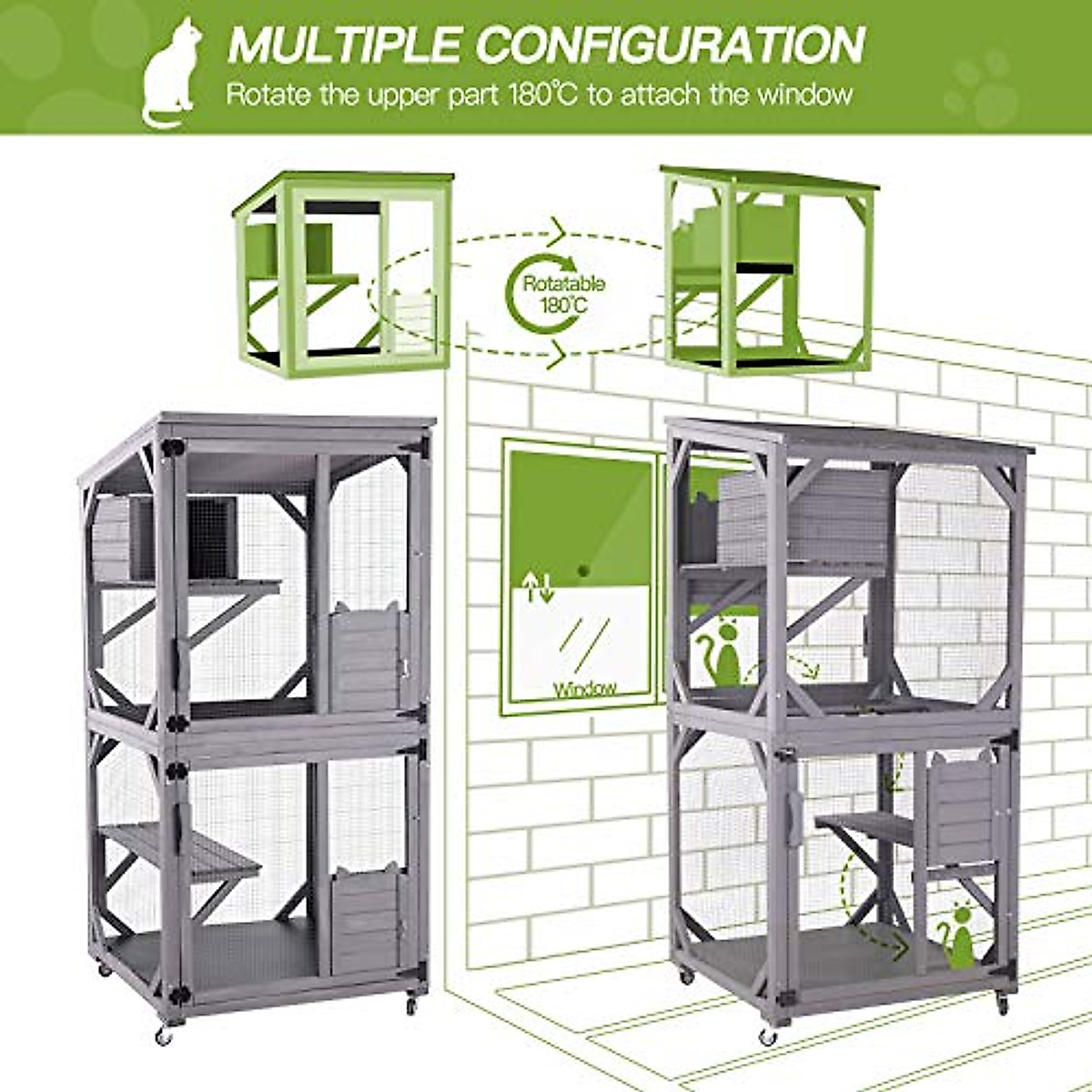 GUTINNEEN Cat House Outdoor Cage Cat Enclosure on Wheels,Large Wooden Kitty Catio with Resting Box,PVC Layer