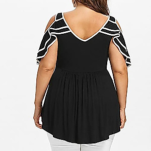 wodceeke Lace Embroidery Layered V-Neck T-Shirt For Women Plus Size Off-Shoulder Pleated Tee Casual Top (Black, XXXXXL)