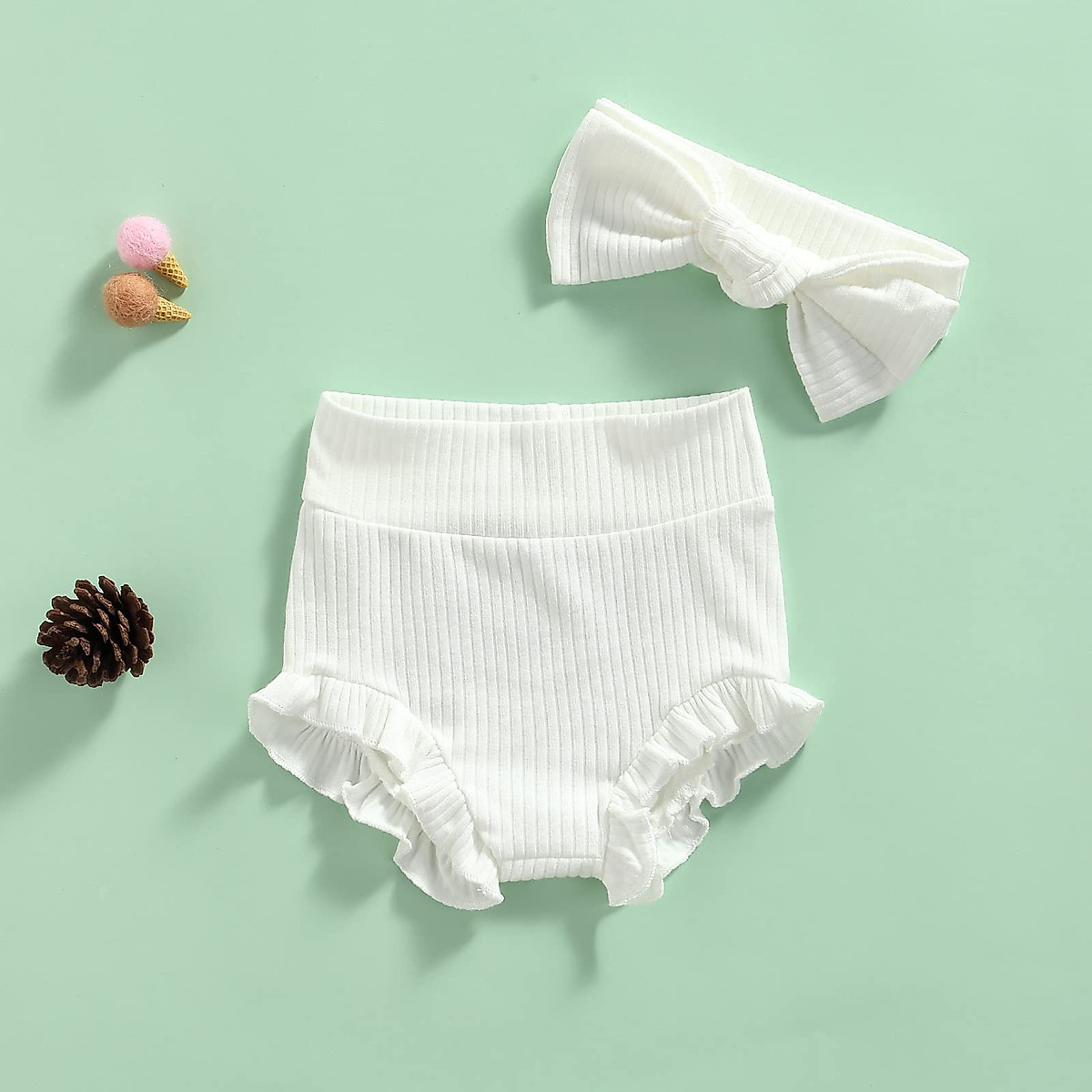 Mubineo Infant Baby Girl Basic Plain Cotton Ruffle Bloomer Shorts Headband Set (White, 6 Months)