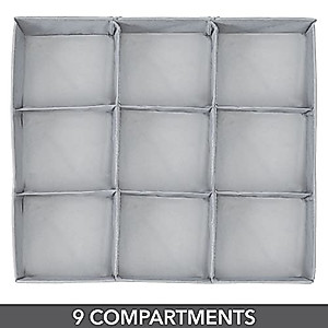 mDesign Soft Fabric Dresser Drawer and Closet Storage Organizer Bin for Lingerie, Bras, Socks, Nylons, Ties, Belts, Tank Tops, Small Accessories - Divided 9 Section Tray, Textured Print, 2 Pack - Gray