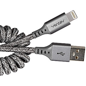 Ventev Helix 14 in Expandable iPhone Cable | Fast Charging USB-A to Lightning Cable | Coiled MFi Certified iPhone Charger Cord | No Tangle Cord, Conveniently Crafted for The Car iPhone, Gray