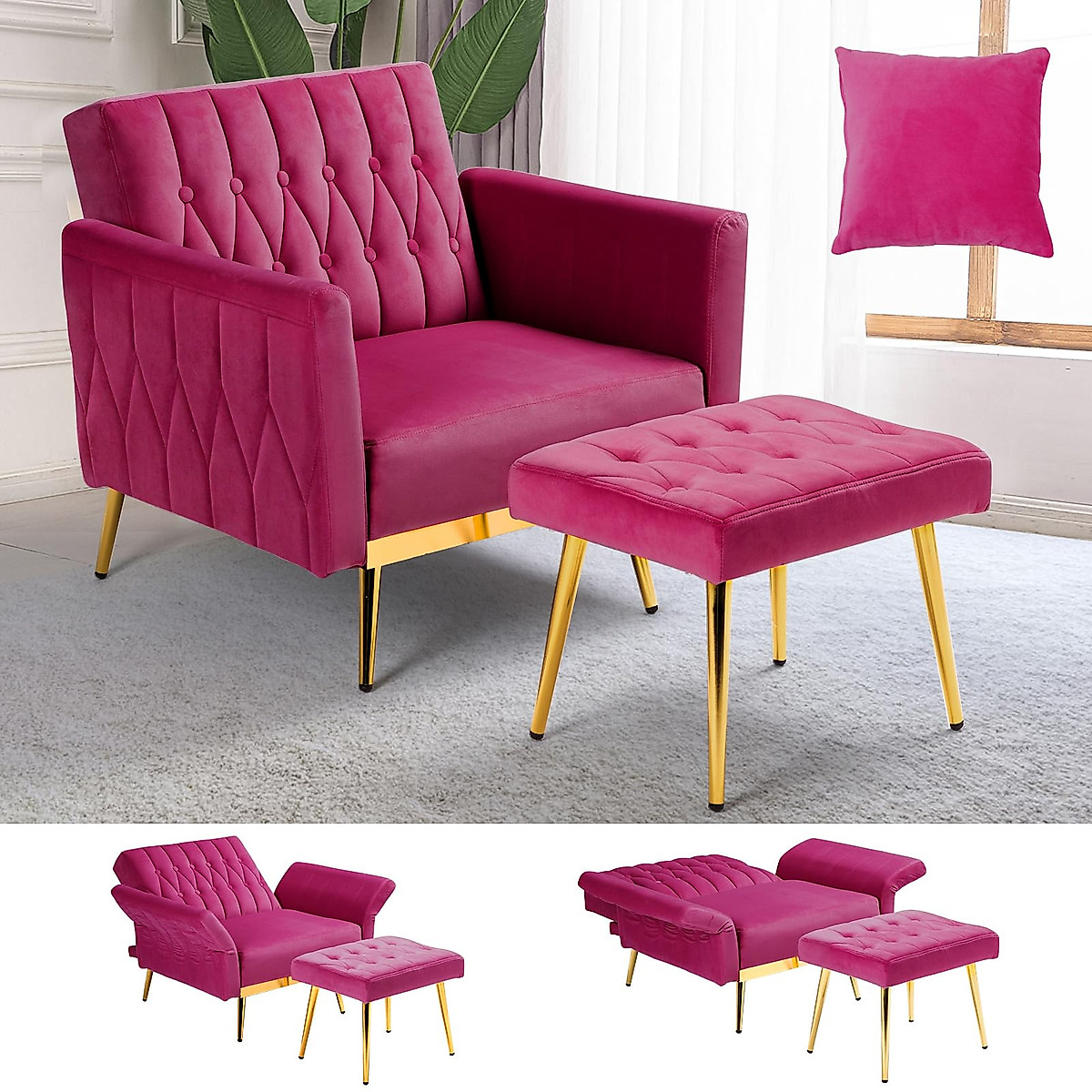 ACMEASE Velvet Accent Chair with Adjustable Armrests and Backrest, Button Tufted Lounge Chair, Single Recliner Armchair with Ottoman and Pillow for Living Room, Bedroom, Fuchsia