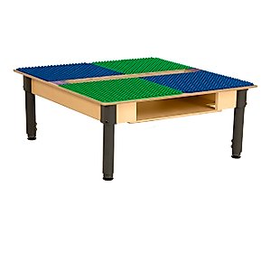 Contender Time-2-Play 35" W Square Build & Learn Compatible with Duplo Table with Trough & Shelf (with Gliders, Blue & Green, 12”-17” Adjustable Legs)