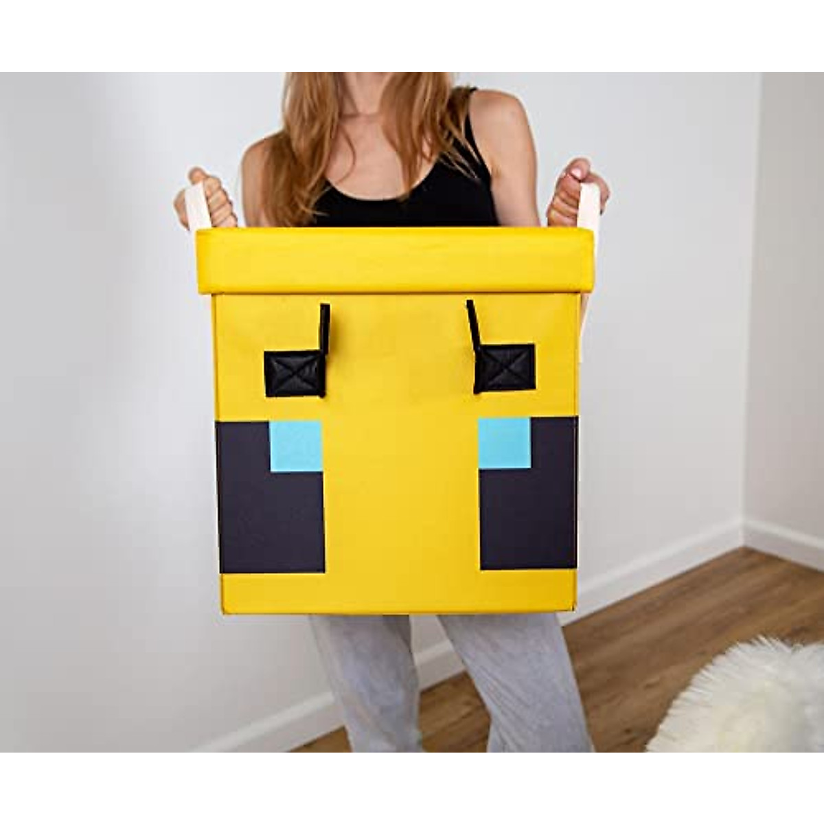 Minecraft Bee 15-Inch Storage Bin Chest With Lid | Foldable Fabric Basket Container, Cube Organizer With Handles, Cubby Closet Organizer | Video Game Gifts And Collectibles