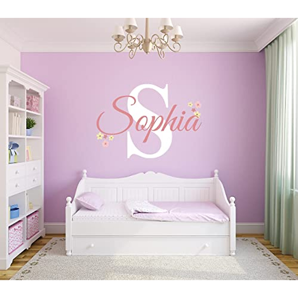 CuteDecals Custom Name and Initial with Flowers Wall Decal - Personalized & Art Mural Girls Decor Stickers for Nursery Bedroom Decoration (Mini Wide 16 inchx10 inch Height)