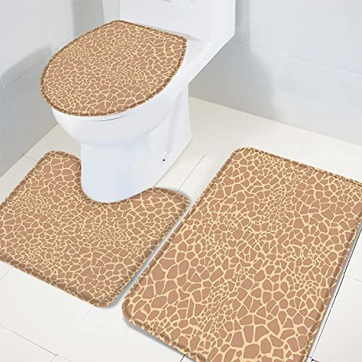 Apular Fashion 3 Piece Bath Rugs Set Yellow Giraffe Skin Illustration Non Slip Ultra Soft Bathroom Accessories Mats, U Shape Mat and Toilet Lid Cover Mat Bath Mats