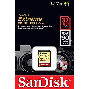SanDisk 32GB Extreme SDHC UHS-I Memory Card - 90MB/s, C10, U3, V30, 4K UHD, SD Card - SDSDXVE-032G-GNCIN