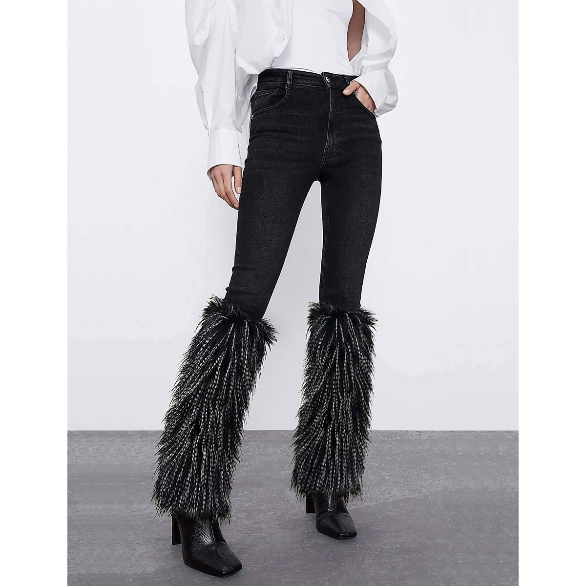 Zecmos womens Leg Warmers Faux Fur Fuzzy Long Cuff Cover Warm Furry Costume Shoes, Black and White, Medium