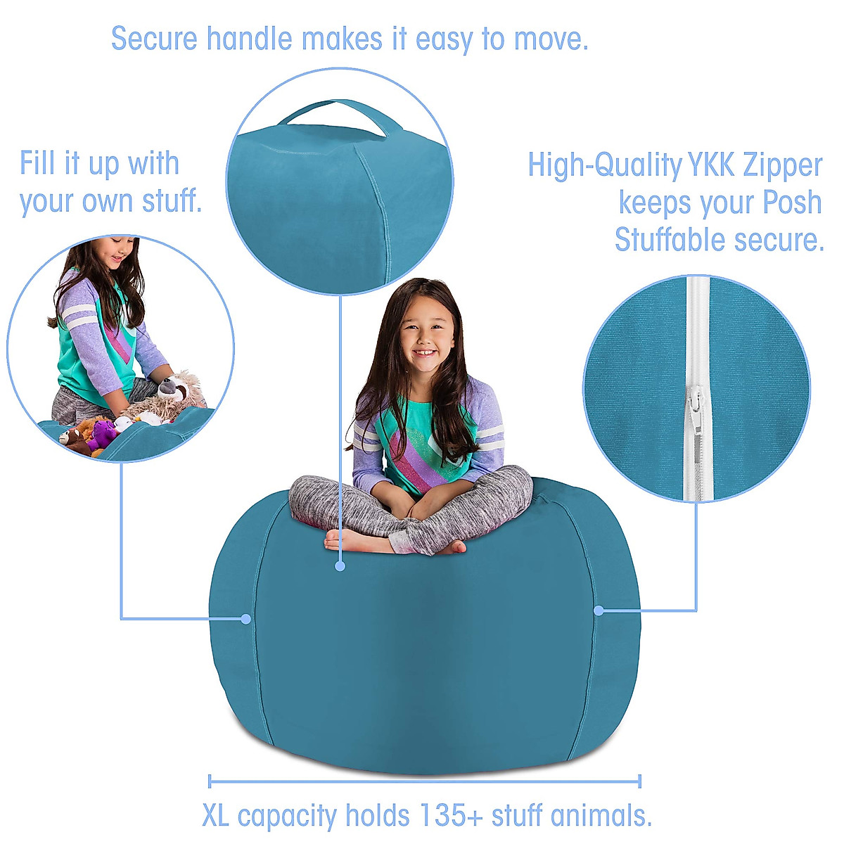 Posh Stuffable Kids Stuffed Animal Storage Bean Bag Chair Cover - Childrens Toy Organizer, X-Large 48" - Heather Teal
