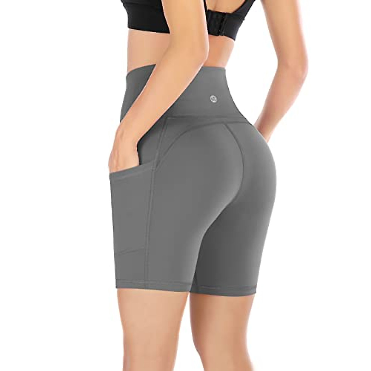Ewedoos Biker Shorts Women Tummy Control Workout Shorts with 3 Pockets High Waisted Compression Gym Running Yoga Shorts Women Gray