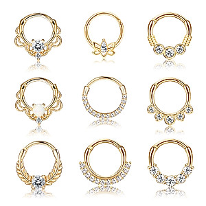 Drperfect 9PCS 16G Septum Rings Opal Daith Earrings Hoop Nose Rings 316L Stainless Steel CZ Cartilage Helix Tragus Earrings Septum Clicker Piercing Jewerly Gold Tone 8MM