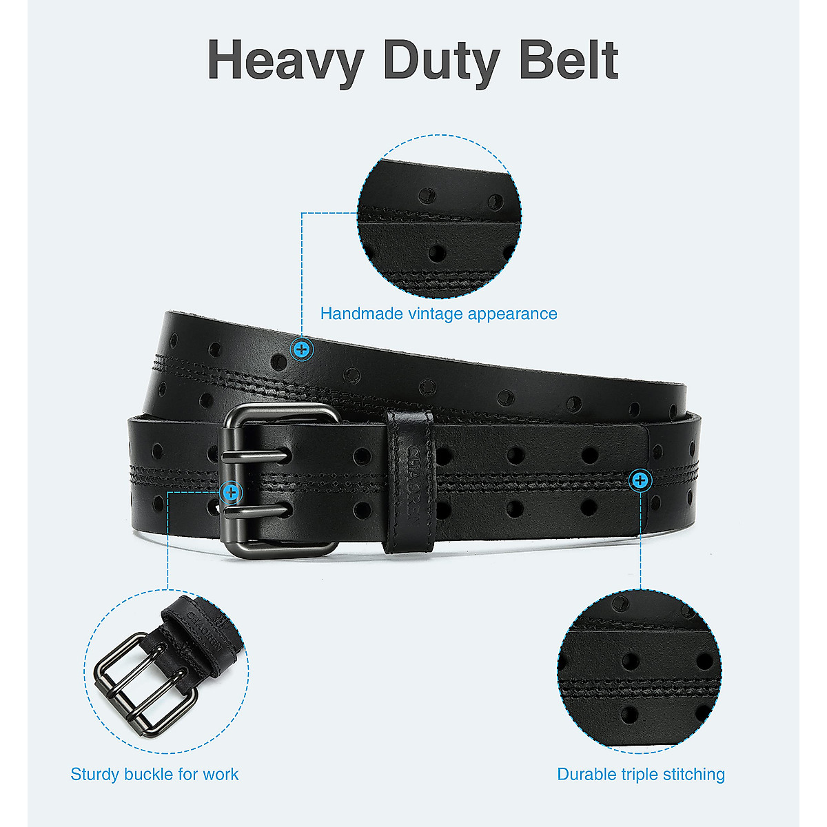 CHAOREN Black Leather Belt - 38mm Double Prong, Handmade and Durable