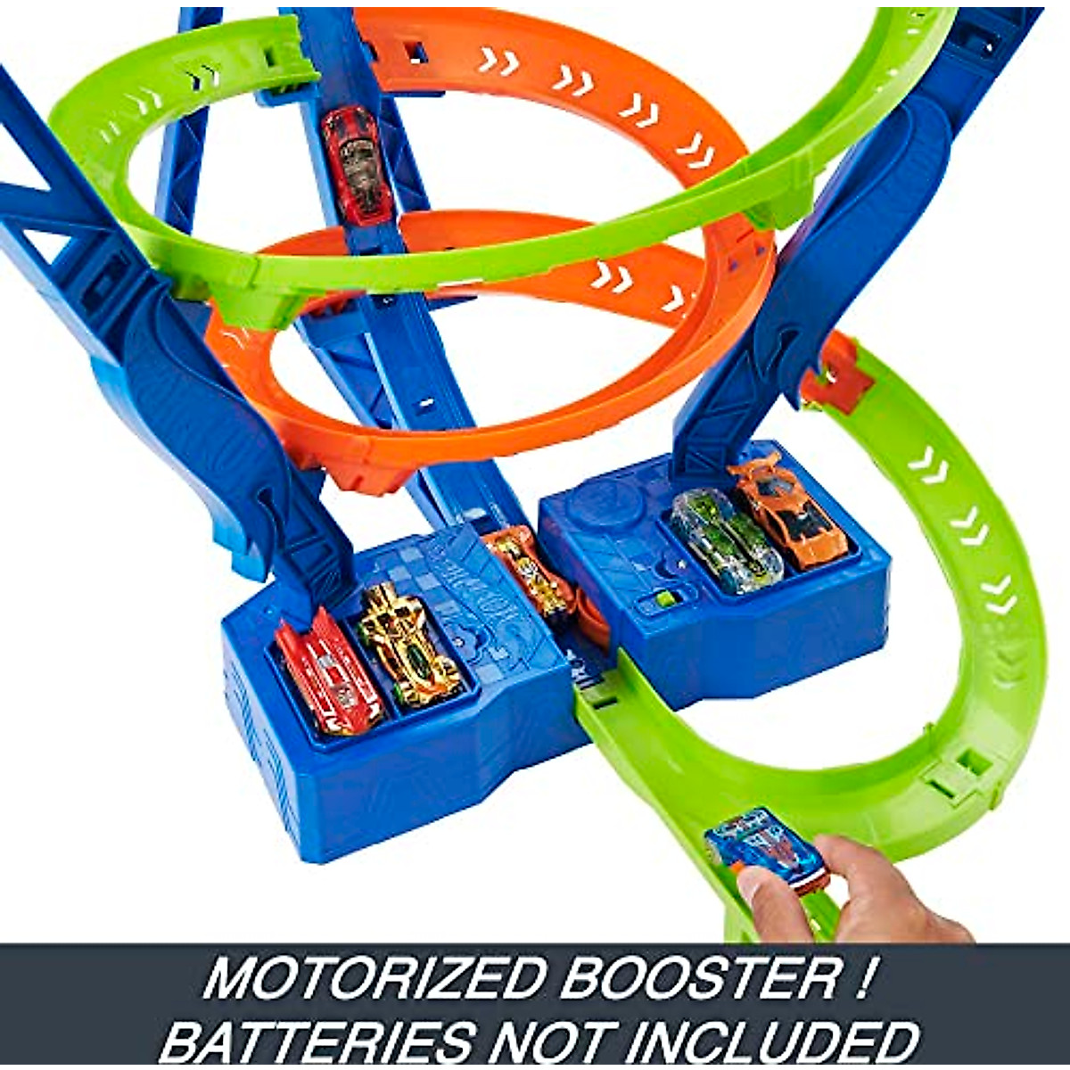Hot Wheels Toy Car Track Set Spiral Speed Crash, Powered by Motorized Booster, 29-in Tall Track with 1:64 Scale Car