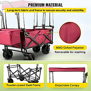 Happbuy Extra Large Collapsible Garden Cart with Removable Canopy, Folding Wagon Utility Carts with Wheels and Rear Storage, Wagon Cart for Garden, Camping, Grocery Cart, Shopping Cart, Red