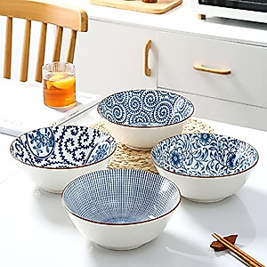 YALONG 8 Inch 40 Ounce Ceramic Bowls for Kitchen Deep Soup Pho Bowls, Blue White Large Porcelain Salad Bowls Set for Ramen Pasta Cereal Dessert Stackable Deep Noodle Serving Bowls Set of 4 for Gift