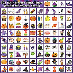 Partywind 204 PCS Glitter Halloween Tattoos for Kids Treats, Halloween Party Decorations Supplies for Boys Girls, Tattoo Stickers for Halloween Goodie Bag Stuffers (Individually Wrapped Sheets)
