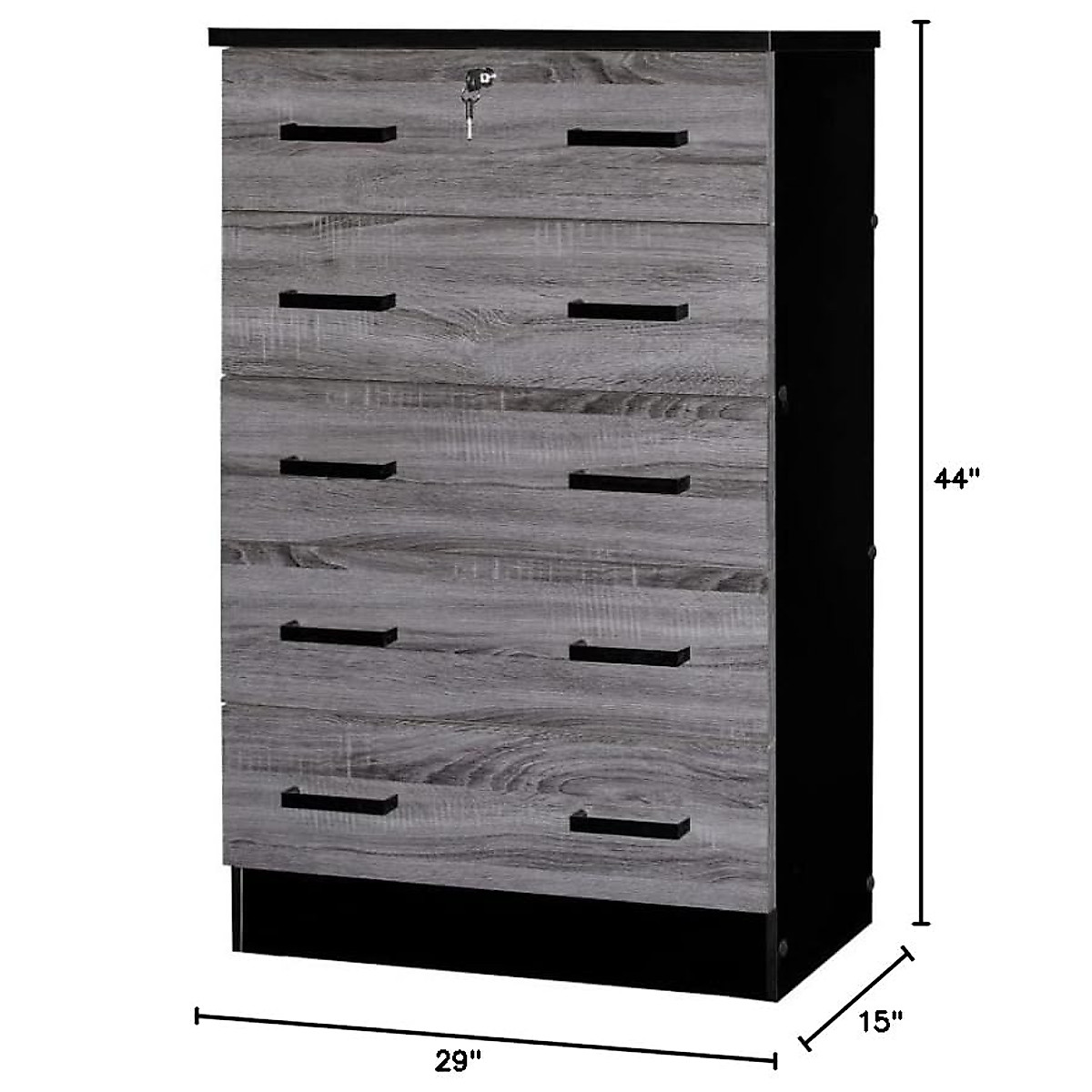 Better Home Products Cindy 5 Drawer Chest Wooden Dresser with Lock in Ebony