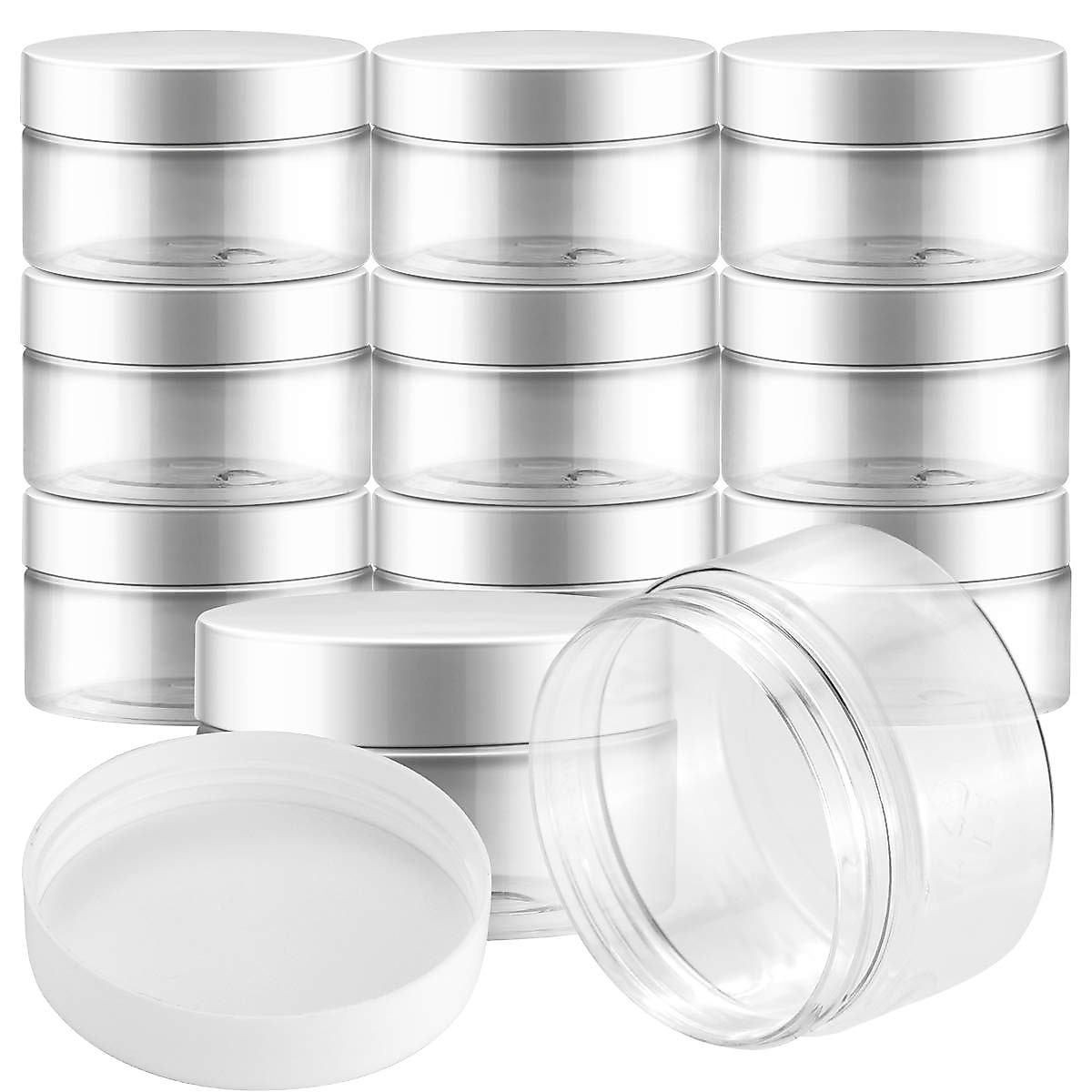 WYKOO 12 Pack 4 OZ Plastic Jars Round Clear Cosmetic Container Jars with Lids, Wide Mouth Empty Slime Jars, Refillable Clear Travel Storage Jars for Kitchen Use Beauty Products Sample