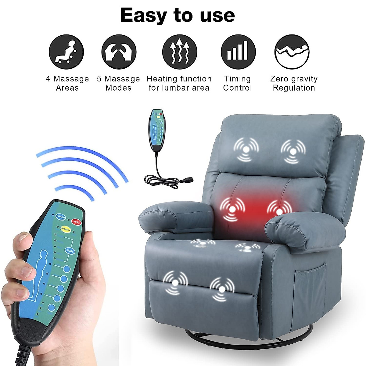 Kasorix Swivel Rocker Recliner Chairs, Nursery Glider Chair, Nursery Rocking Chairs, Overstuffed Manual Massage Recliners with Heat, Faux Leather Reclining Chair Single Sofa (Light Blue)