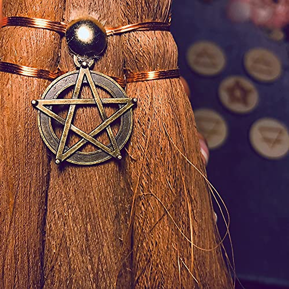 OKDOKEY 9.4" Witch Altar Broom & Four Elements and Pentacle Wood Runes Set | Miniature Pentagram Wicca Brush | Handmade Mane Broomstick for Majic Ceremonial, Halloween Broom, Wiccan Ritual Broom