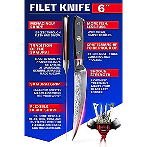 Dalstrong Fillet Knife - 6 inch - Shogun Series ELITE - Damascus - AUS-10V Japanese Super Steel - Boning Knife - Meat Cutting, Carving, Bone, Trimming, Deboning - Black G10 Handle - Sheath Included