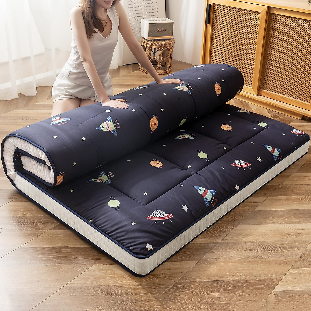 YOSHOOT 6 Inch Extra Thick Japanese Futon Floor Mattress, Foldable Mattress Tatami Pad Mattress for Adults Floor Bed Roll Up Mattress Guest Mattress, Navy Space, Queen