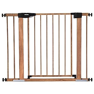 BABELIO Metal Baby Gate with Wood Pattern, 29-40" Easy Install Pressure Mounted Dog Gate, Ideal for Stairs and Doorways, with Wall Protectors and Extenders, No Tools Required
