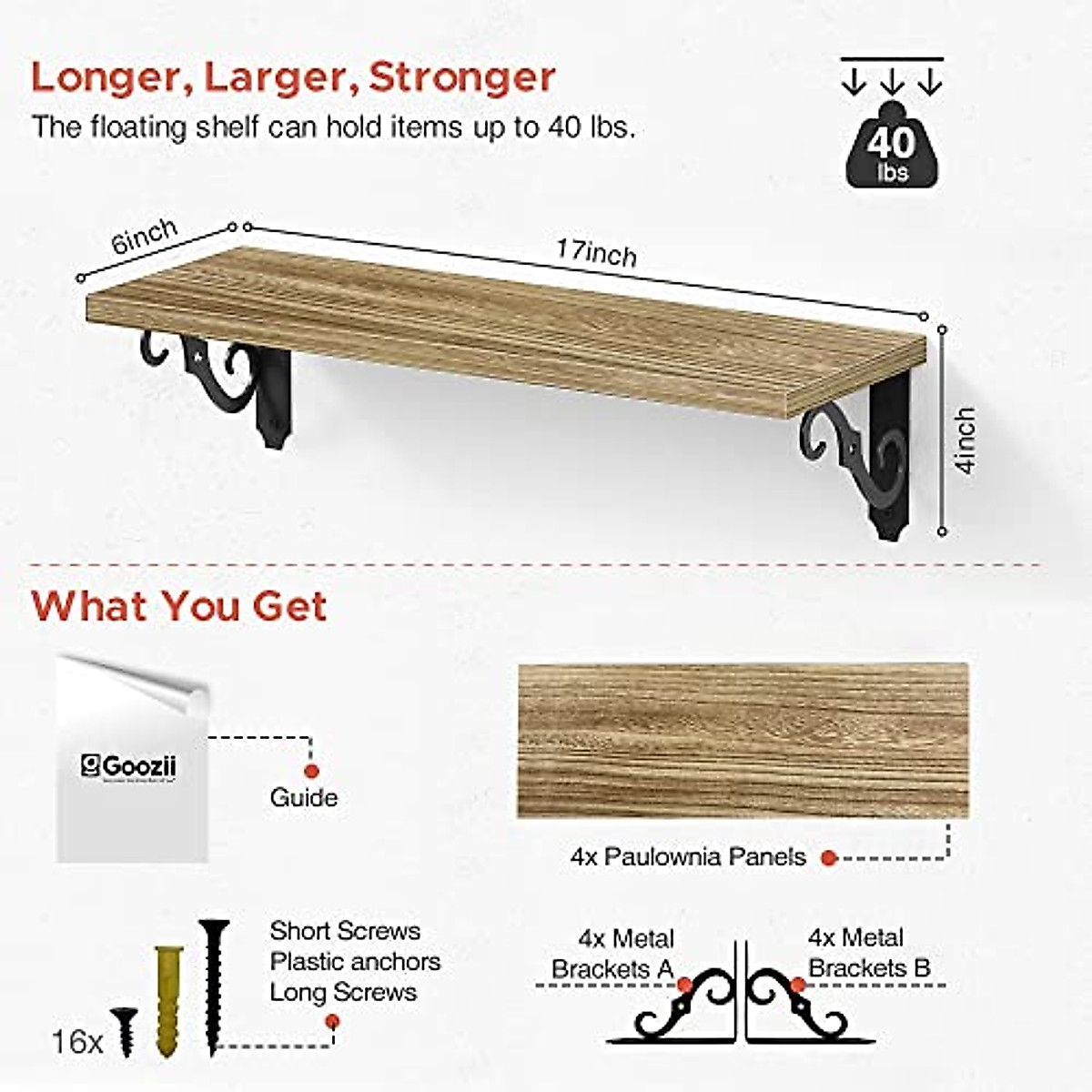 Goozii Floating Shelves Wood for Wall Set of 4, Floating Bathroom Shelves Over Toilet Wall Mounted, Decorative Shelves for Bedroom Books, Living Room Decor, Closet Storage (Natural Wood)