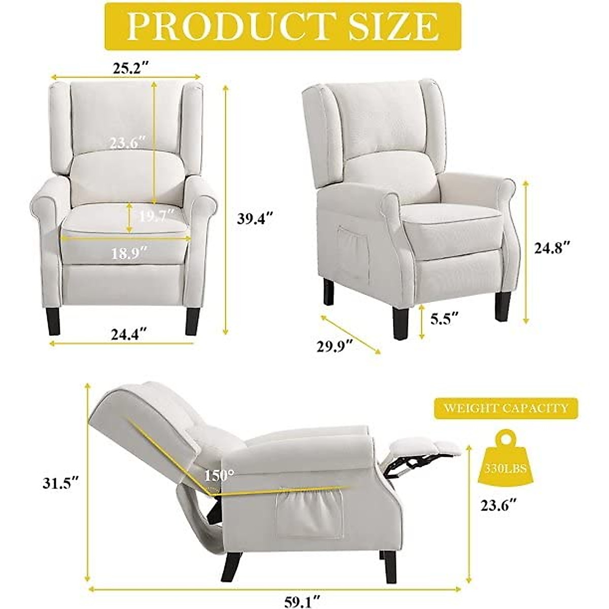 Amazon Brand- Set of 2 Wingback Recliner Chair with Massage and Heat- Accent Chair Push Back Chair for Living Room Bedroom(Beige)