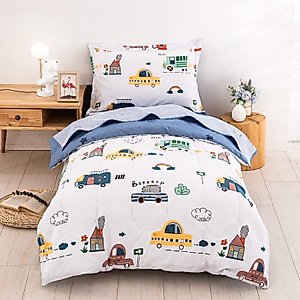 WONGS BEDDING Cars Toddler Bedding Set, 4 Pieces Cotton Toddler Comforter Set for Boys Girls, Cars Bus Reversible Navy Blue Comforter(1 Comforter,1 Flat Sheet,1 Fitted Sheet,1 Pillow Case)