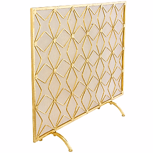 Deco 79 Metal Geometric Star Patterned Single Panel Fireplace Screen with Mesh Netting, 38" x 9" x 28", Gold