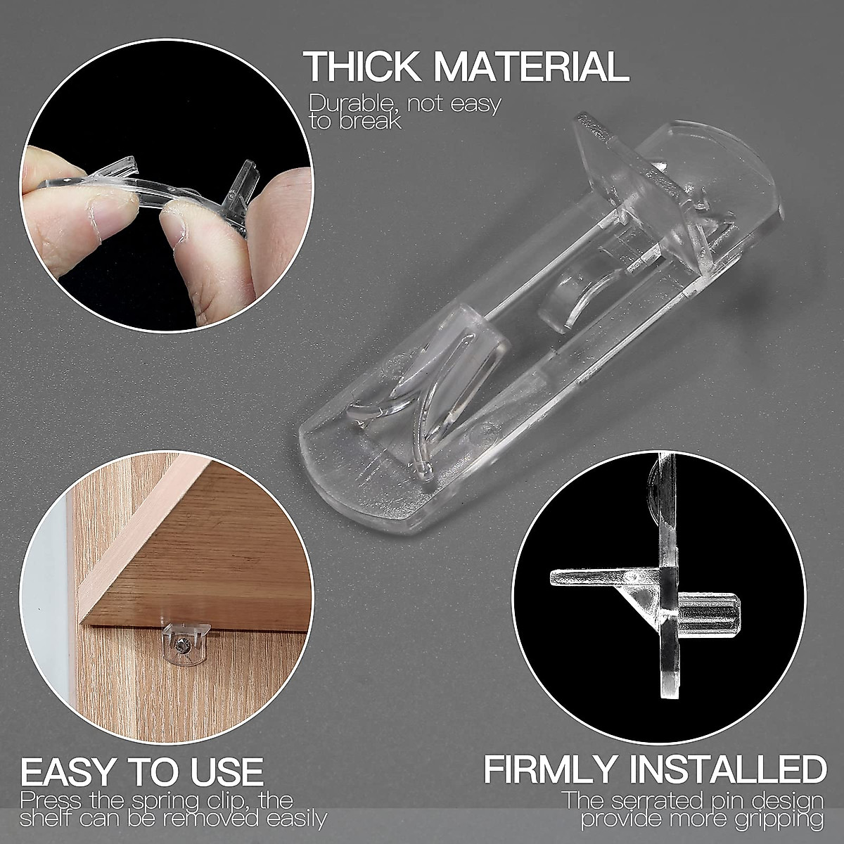 Jamiikury 10pcs Locking Shelf Support Pegs, 5mm Shelf Pins Clear Shelf Clips Plastic Shelf Pegs for Shelves, 5mm Peg x 3/4" Thick Shelf