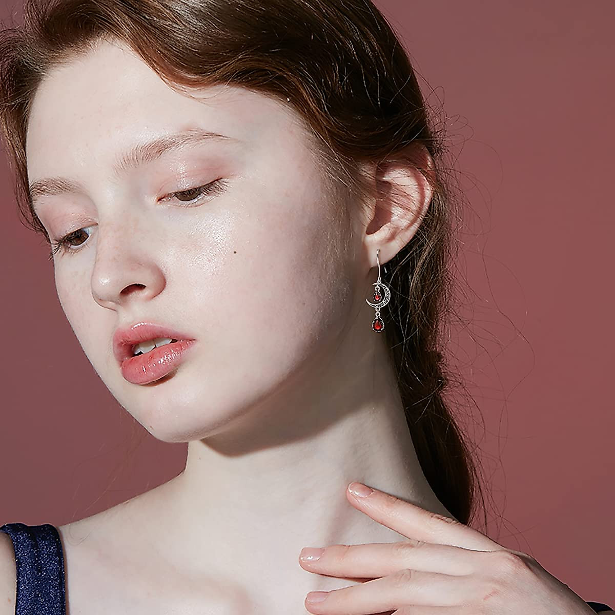 VONALA Celtic Moon Earrings 925 Sterling Silver Created Ruby Dangle Earrings for Women Red Ruby Dangling Earrings Ruby Jewelry Gifts for Women