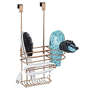 mDesign Metal Bathroom 2 Section Storage Tool Organizer Basket Tray - Hang Over Cabinet Door - Storage for Hair Dryer, Straightener, Curling Iron, Styling Products - Concerto Collection - Rose Gold