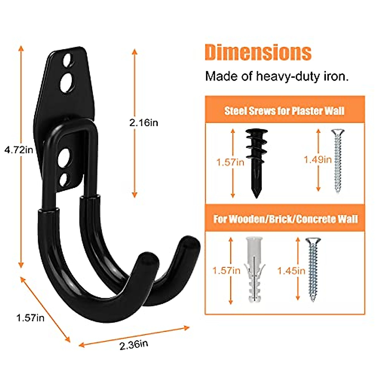 Steel Garage Storage Utility Double Hooks, Heavy Duty Hangers Wall Mount Holder U Hook Garage Organizer for Power Tools, Bikes, Ladders, Ropes, Hoses, Bulk Items Storage