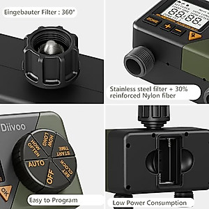 Sprinkler Timer 2 Zone, Diivoo Programmable Water Hose Timer 2 Outlet for Garden, Automatic Irrigation Timer IP54 with Rain Delay/Manual/Auto Mode, Outdoor Hose Timer Controller for Lawn, Yard, Pool