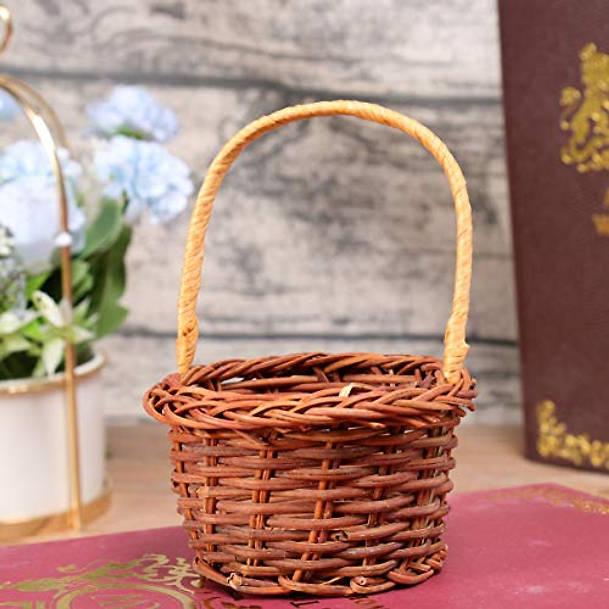 VANZACK Rattan Mini Baskets with Handle Small Round Natural Decorative Knitting Basket Storage Basket