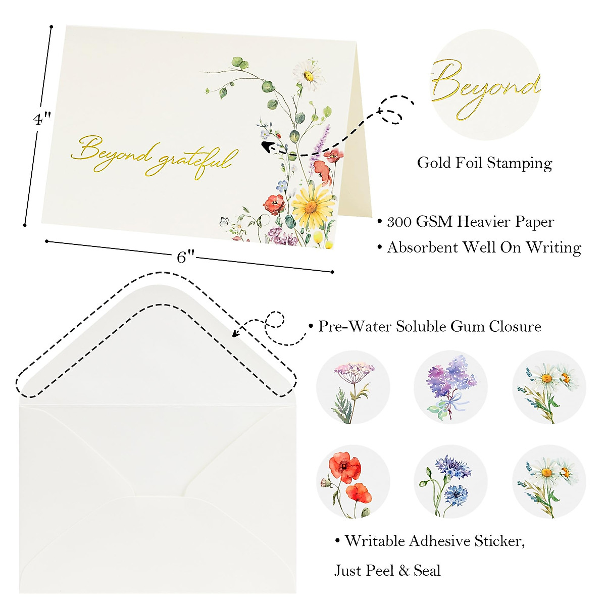 Crisky Beyond Grateful Thank You Cards 4 Assortment, Printable Watercolor WildFlowers (50 Cards with Envelopes for Birthday, Baby Shower, Bridal Shower, Wedding, All Occasion)