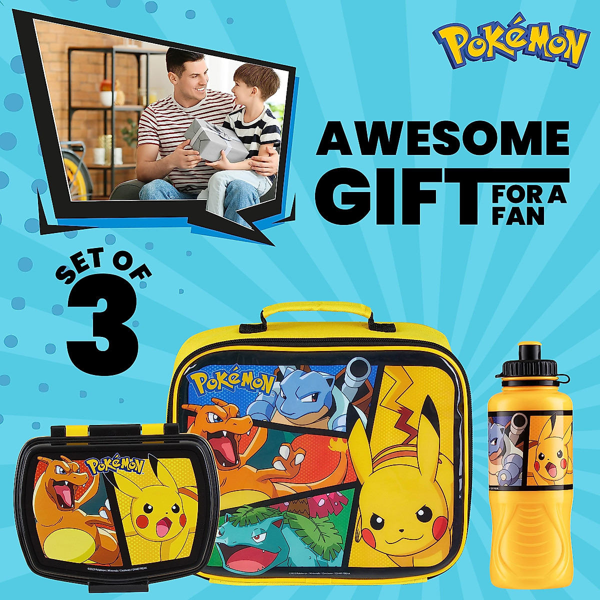 Pokemon Kids Insulated Lunch Bag, Lunch Box and Water Bottle, 3 Piece Set (Amarillo)