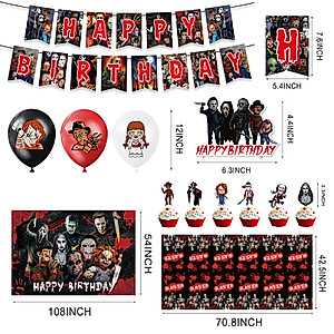 Horror Classic Movie Birthday Supplies, Horror Themed Character Party Decorations Includes Banners, Cake Toppers, Balloons, Cupcake Toppers, Backdrop, Tablecloths, Scream Party Gift for Fans Kids