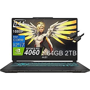 MSI Cyborg 15 Thin GF63 15.6" FHD 144Hz (Intel 16-core i7-12650H, 64GB DDR5 RAM, 2TB SSD, GeForce RTX 4060 8GB) Gaming Laptop,Webcam, Backlit, WiFi 6, Ethernet, HDMI Cable, Win 11 Home - 2023