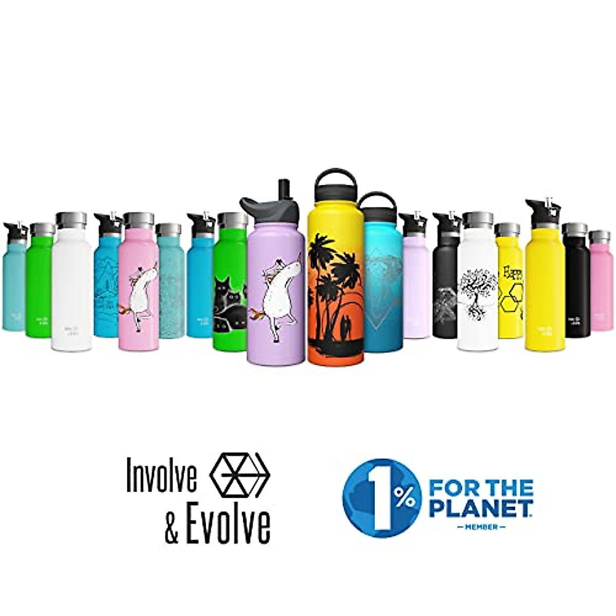 Involve & Evolve Insulated Water Bottle with 3 Lids (Straw Lid) Kids Reusable Double Walled Stainless Steel Flask Metal Thermos 12oz 17oz 20oz 25oz (25 oz, Bare Ocean)