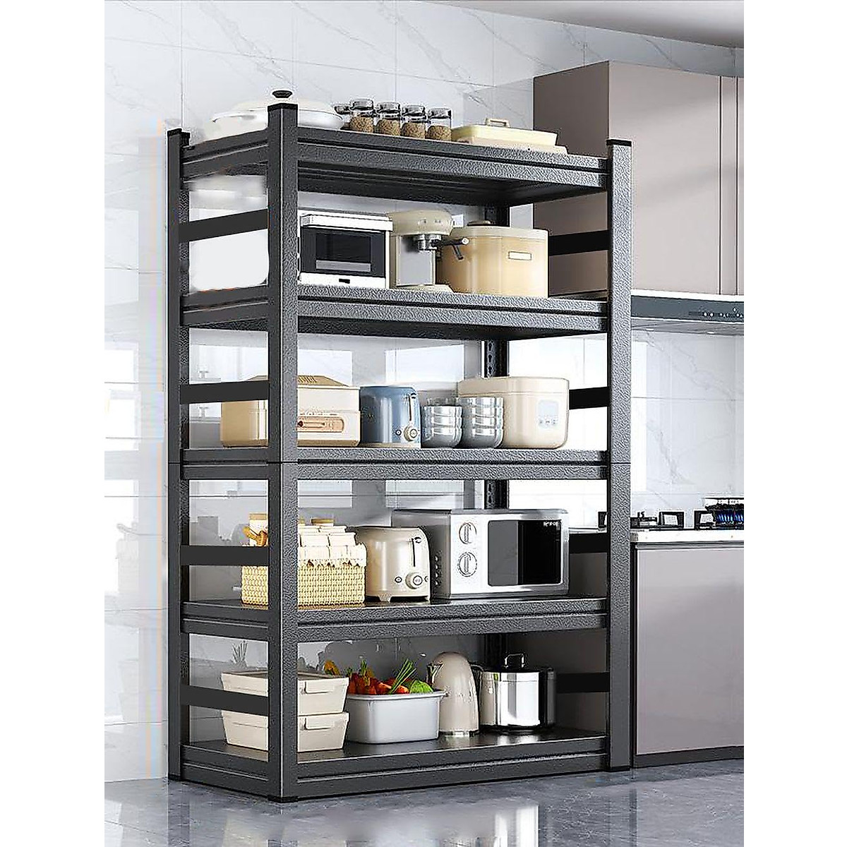 BEESTMUEBLE 5-Tiers Adjustable Storage Shelves, Kitchen Organizers and Storage Rack, Pantry Storage Shelves, 2500LBS Load Capacity, Kitchen Storage Shelf, 47.2” W×23.6” D×72” H, Black