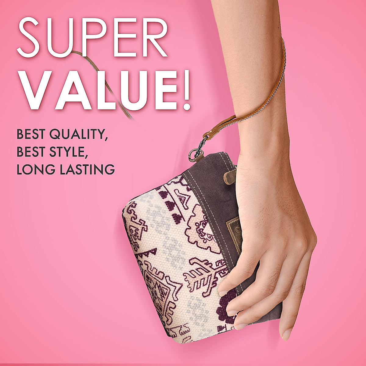 SIXTEASE Women's Fashion Wristlet Small Clutch With Wrist Strap - Vintage Style Zipper Made with Genuine Leather, Upcycled Canvas, Rug, or Hair On - Unique Designs, Hand Stitched - Iris