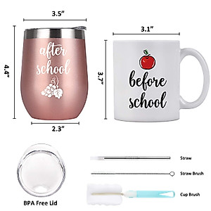 Qtencas Before School After School Teacher Coffee Mug and Wine Tumbler Set, Funny Idea for Teachers, Teacher Appreciation from Students, 12 Oz Insulated Stainless Steel Tumbler 11 Oz Coffee Mug